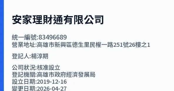 安家理財通有限公司的照片-統編 83496689(高雄市) 公司登記資料與營業項目詳細圖表
