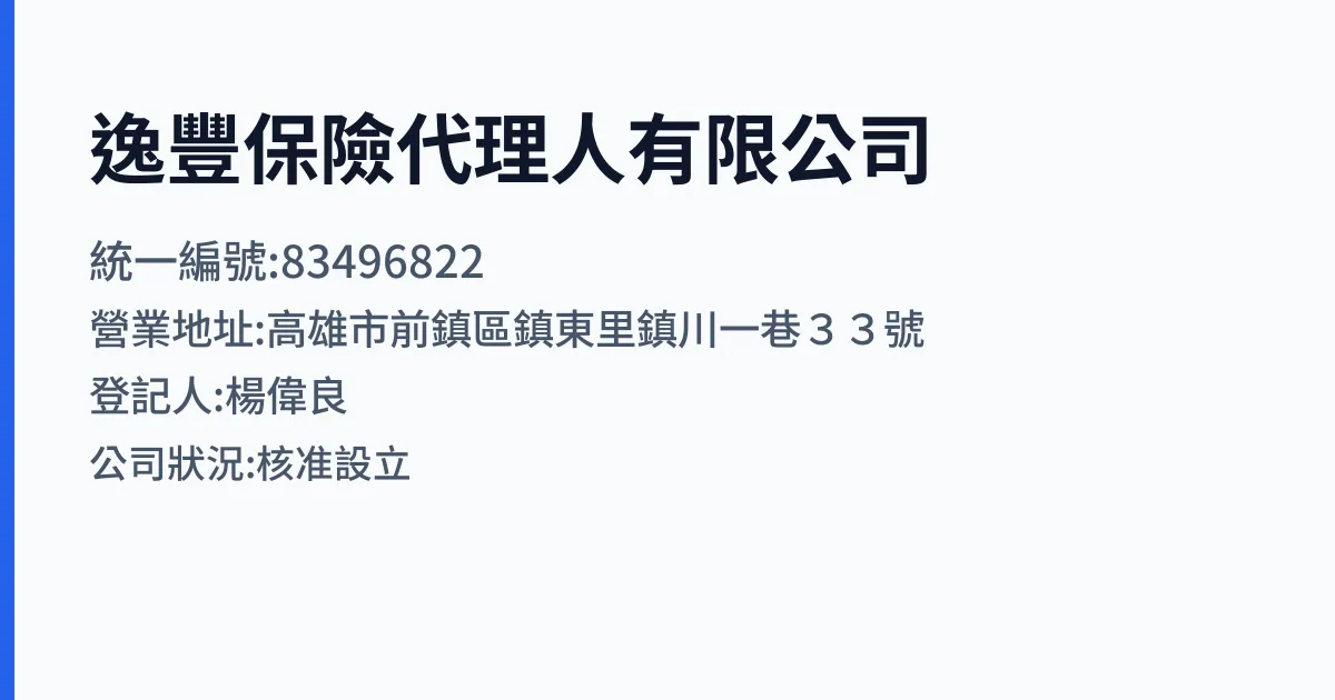 逸豐保險代理人有限公司 - 統編 83496822(高雄市) 公司登記資料與營業項目詳細圖表