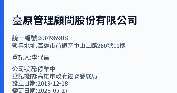 臺原管理顧問股份有限公司的照片-統編 83496908(高雄市) 公司登記資料與營業項目詳細圖表
