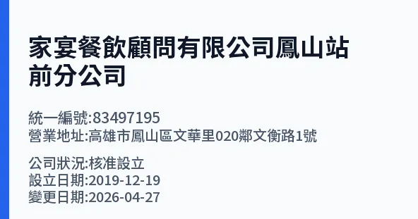 家宴餐飲顧問有限公司鳳山站前分公司的照片-統編 83497195(高雄市) 公司登記資料與營業項目詳細圖表