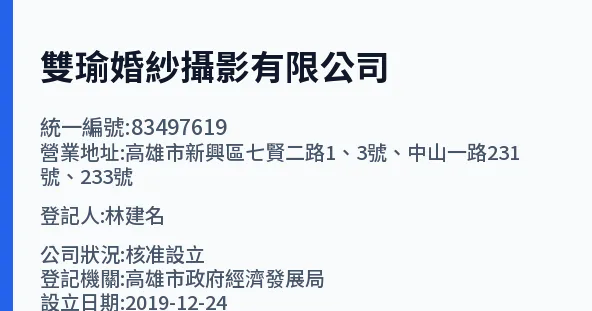 雙瑜婚紗攝影有限公司的照片-統編 83497619(高雄市) 公司登記資料與營業項目詳細圖表