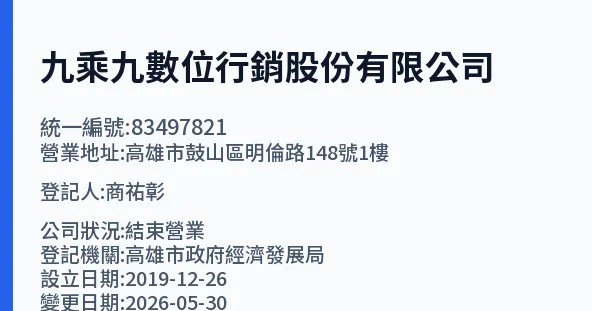 九乘九數位行銷股份有限公司的照片-統編 83497821(高雄市) 公司登記資料與營業項目詳細圖表