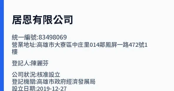 居恩有限公司的照片-統編 83498069(高雄市) 公司登記資料與營業項目詳細圖表