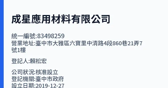 成星應用材料有限公司的照片-統編 83498259(臺中市) 公司登記資料與營業項目詳細圖表