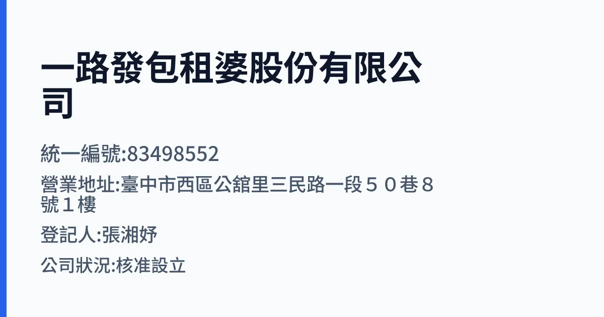 一路發包租婆股份有限公司 - 統編 83498552(臺中市) 公司登記資料與營業項目詳細圖表