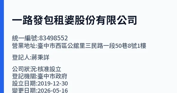 一路發包租婆股份有限公司的照片-統編 83498552(臺中市) 公司登記資料與營業項目詳細圖表