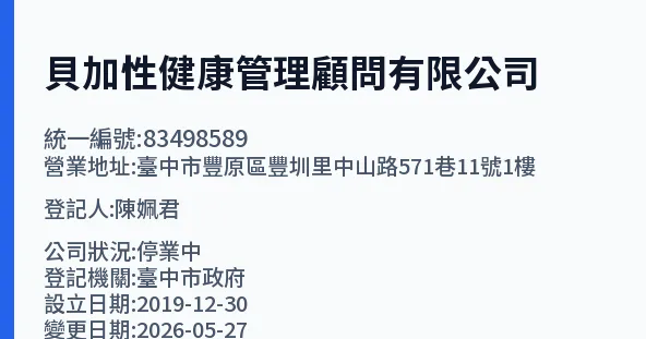 貝加性健康管理顧問有限公司的照片-統編 83498589(臺中市) 公司登記資料與營業項目詳細圖表