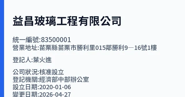 益昌玻璃工程有限公司的照片-統編 83500001(苗栗縣) 公司登記資料與營業項目詳細圖表