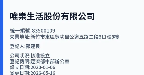 唯樂生活股份有限公司的照片-統編 83500109(新竹市) 公司登記資料與營業項目詳細圖表