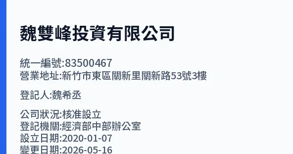 魏雙峰投資有限公司的照片-統編 83500467(新竹市) 公司登記資料與營業項目詳細圖表