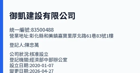 御凱建設有限公司的照片-統編 83500488(彰化縣) 公司登記資料與營業項目詳細圖表