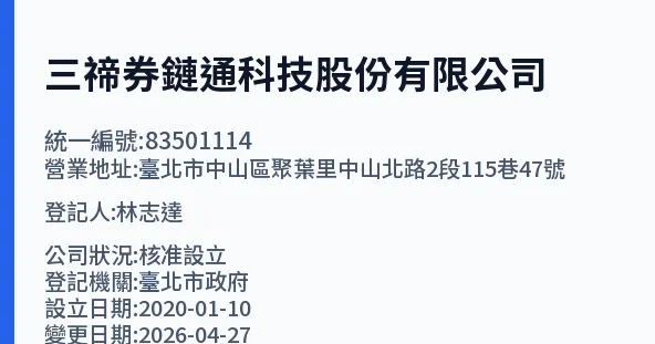 三禘券鏈通科技股份有限公司的照片-統編 83501114(臺北市) 公司登記資料與營業項目詳細圖表