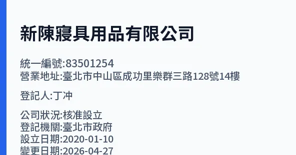 新陳寢具用品有限公司的照片-統編 83501254(臺北市) 公司登記資料與營業項目詳細圖表