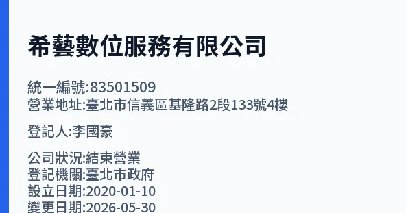 希藝數位服務有限公司的照片-統編 83501509(臺北市) 公司登記資料與營業項目詳細圖表