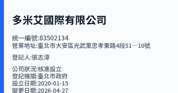 多米艾國際有限公司的照片-統編 83502134(臺北市) 公司登記資料與營業項目詳細圖表