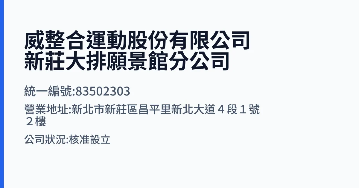 威整合運動股份有限公司新莊大排願景館分公司 - 統編 83502303(新北市) 公司登記資料與營業項目詳細圖表