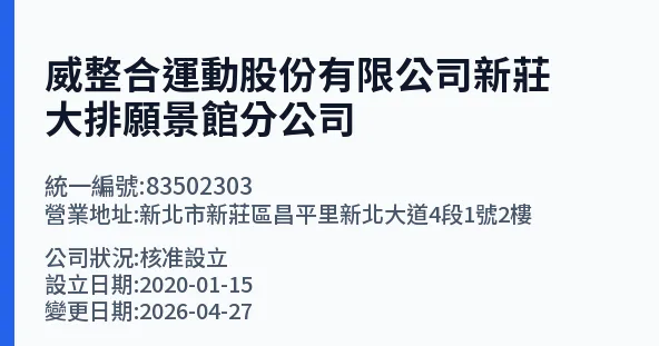 威整合運動股份有限公司新莊大排願景館分公司的照片-統編 83502303(新北市) 公司登記資料與營業項目詳細圖表