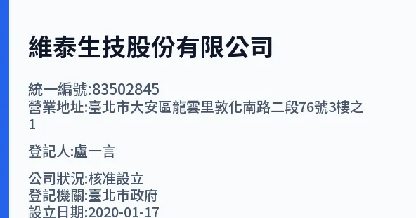 維泰生技股份有限公司的照片-統編 83502845(臺北市) 公司登記資料與營業項目詳細圖表