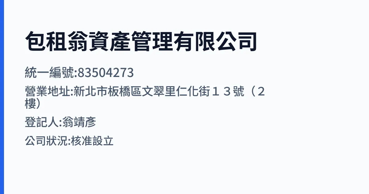 包租翁資產管理有限公司 - 統編 83504273(新北市) 公司登記資料與營業項目詳細圖表