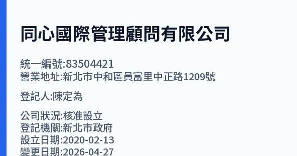 同心國際管理顧問有限公司的照片-統編 83504421(新北市) 公司登記資料與營業項目詳細圖表