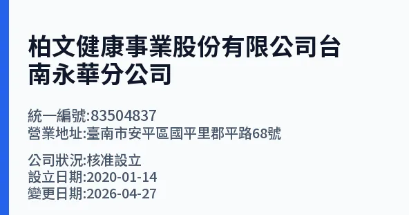 柏文健康事業股份有限公司台南永華分公司的照片-統編 83504837(臺南市) 公司登記資料與營業項目詳細圖表