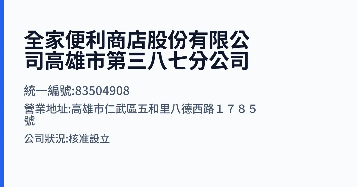 全家便利商店股份有限公司高雄市第三八七分公司 - 統編 83504908(高雄市) 公司登記資料與營業項目詳細圖表