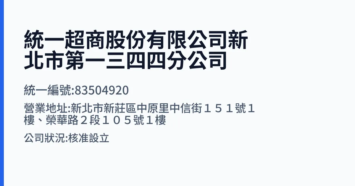 統一超商股份有限公司新北市第一三四四分公司 - 統編 83504920(新北市) 公司登記資料與營業項目詳細圖表