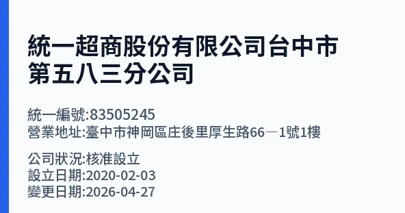 統一超商股份有限公司台中市第五八三分公司的照片-統編 83505245(臺中市) 公司登記資料與營業項目詳細圖表