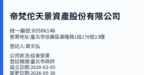 帝梵佗天景資產股份有限公司的照片-統編 83506146(臺北市) 公司登記資料與營業項目詳細圖表