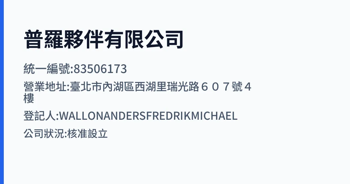 普羅夥伴有限公司 - 統編 83506173(臺北市) 公司登記資料與營業項目詳細圖表