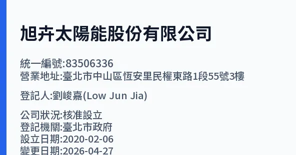 旭卉太陽能股份有限公司的照片-統編 83506336(臺北市) 公司登記資料與營業項目詳細圖表