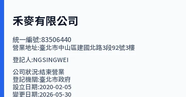 禾麥有限公司的照片-統編 83506440(臺北市) 公司登記資料與營業項目詳細圖表