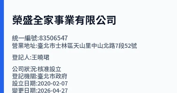 榮盛全家事業有限公司的照片-統編 83506547(臺北市) 公司登記資料與營業項目詳細圖表
