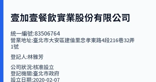 壹加壹餐飲實業股份有限公司的照片-統編 83506764(臺北市) 公司登記資料與營業項目詳細圖表