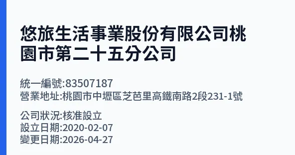 悠旅生活事業股份有限公司桃園市第二十五分公司的照片-統編 83507187(桃園市) 公司登記資料與營業項目詳細圖表