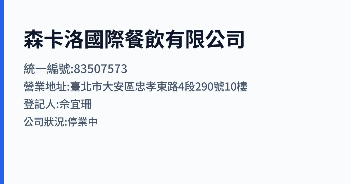 森卡洛國際餐飲有限公司 - 統編 83507573(臺北市) 公司登記資料與營業項目詳細圖表