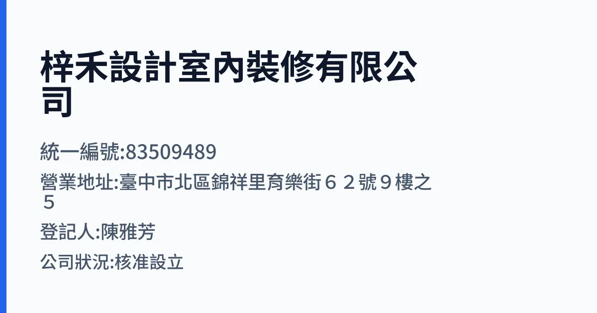 梓禾設計室內裝修有限公司 - 統編 83509489(臺中市) 公司登記資料與營業項目詳細圖表