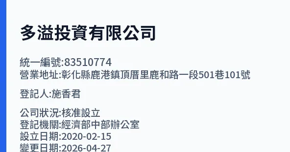 多溢投資有限公司的照片-統編 83510774(彰化縣) 公司登記資料與營業項目詳細圖表