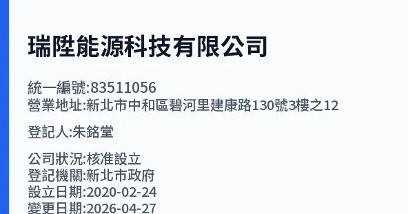 瑞陞能源科技有限公司的照片-統編 83511056(新北市) 公司登記資料與營業項目詳細圖表