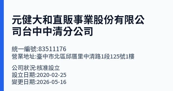 元健大和直販事業股份有限公司台中中清分公司的照片-統編 83511176(臺中市) 公司登記資料與營業項目詳細圖表