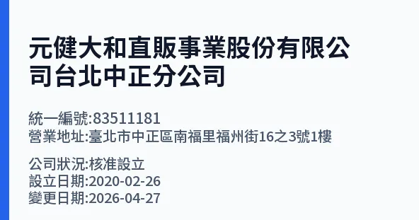 元健大和直販事業股份有限公司台北中正分公司的照片-統編 83511181(臺北市) 公司登記資料與營業項目詳細圖表
