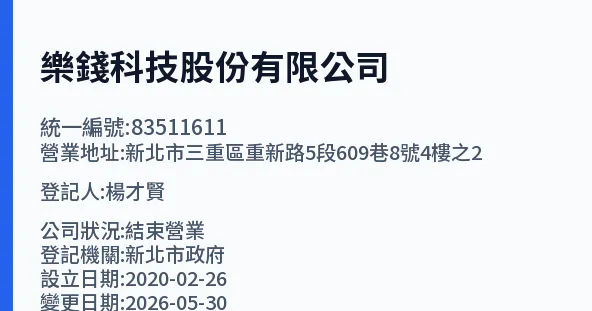 樂錢科技股份有限公司的照片-統編 83511611(新北市) 公司登記資料與營業項目詳細圖表