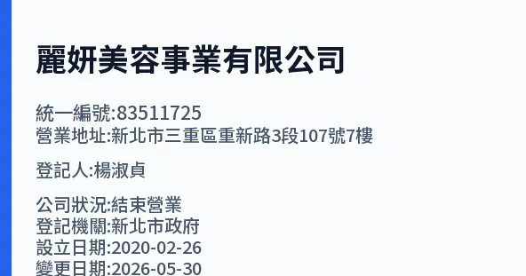 麗妍美容事業有限公司的照片-統編 83511725(新北市) 公司登記資料與營業項目詳細圖表