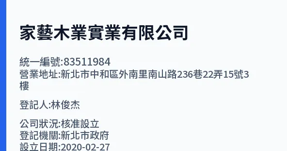 家藝木業實業有限公司的照片-統編 83511984(新北市) 公司登記資料與營業項目詳細圖表