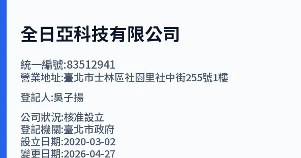 全日亞科技有限公司的照片-統編 83512941(臺北市) 公司登記資料與營業項目詳細圖表