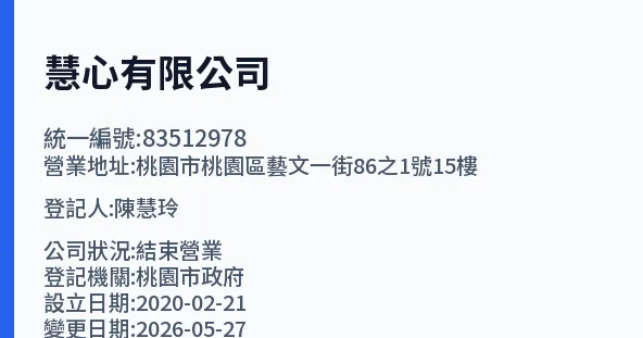 慧心有限公司的照片-統編 83512978(桃園市) 公司登記資料與營業項目詳細圖表