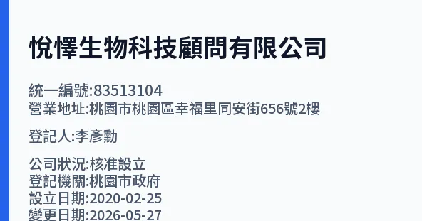 悅懌生物科技顧問有限公司的照片-統編 83513104(桃園市) 公司登記資料與營業項目詳細圖表