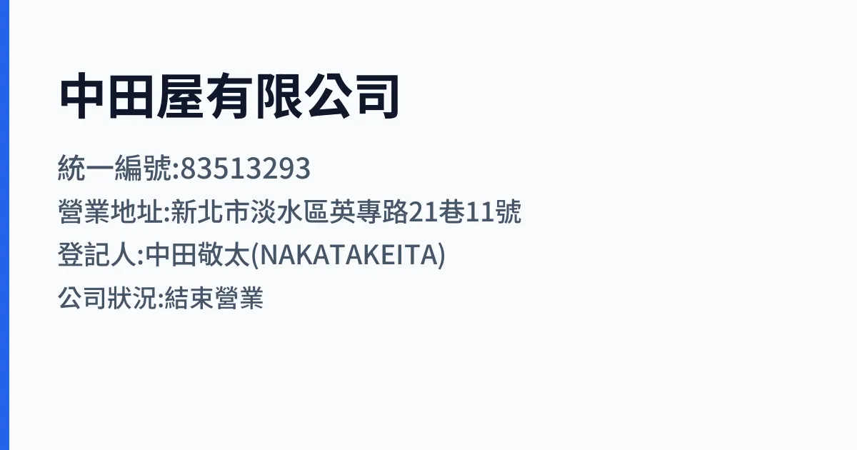 中田屋有限公司 - 統編 83513293(新北市) 公司登記資料與營業項目詳細圖表