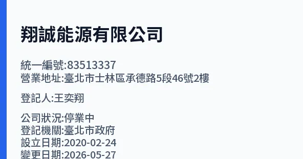 翔誠能源有限公司的照片-統編 83513337(臺北市) 公司登記資料與營業項目詳細圖表