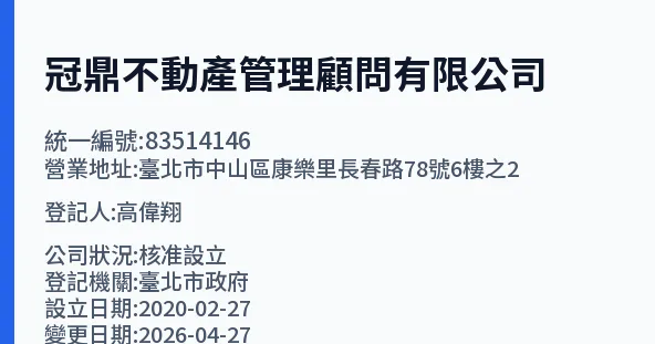 冠鼎不動產管理顧問有限公司的照片-統編 83514146(臺北市) 公司登記資料與營業項目詳細圖表